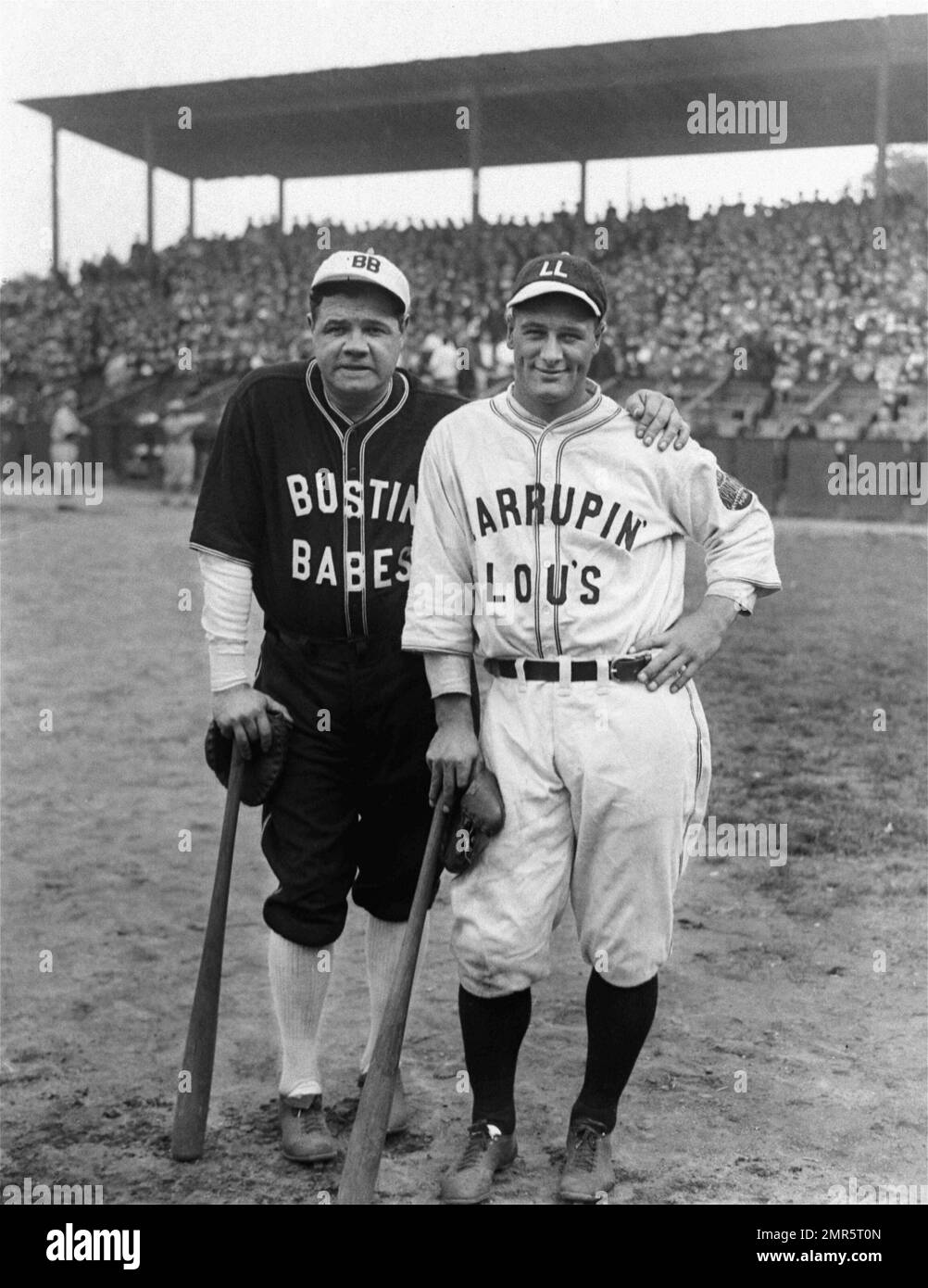 FILE - This October 1927 file photo shows New York Yankees stars Babe Ruth, left, and Lou Gehrig ...