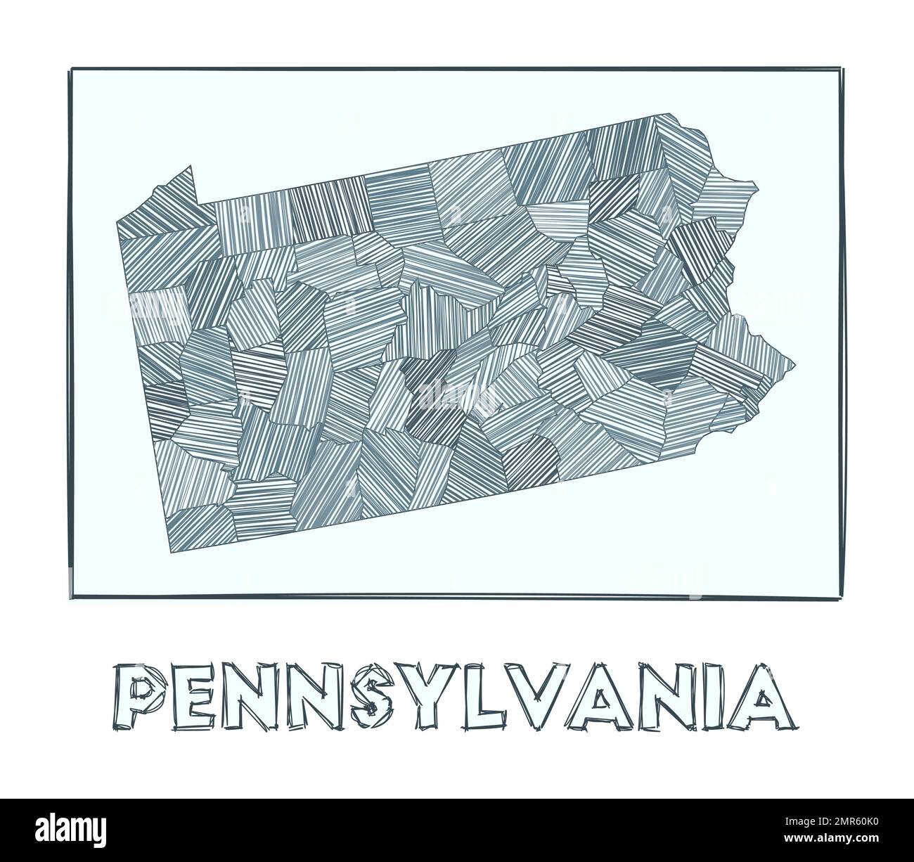 Sketch map of Pennsylvania. Grayscale hand-drawn map of the US state ...