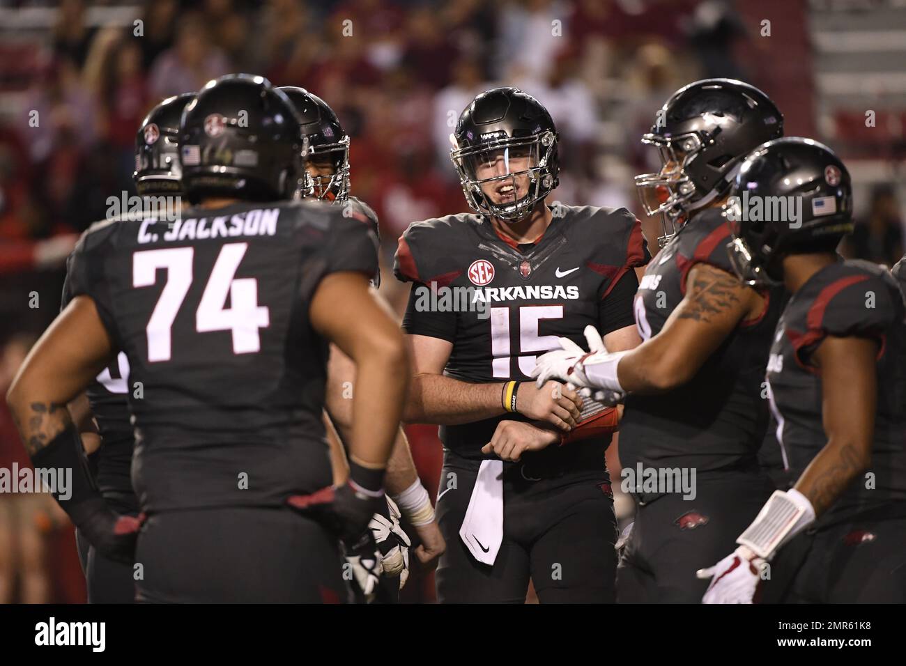 Arkansas quarterback Cole Kelley (15) calls a play to run against ...