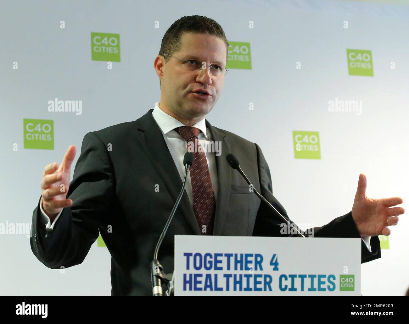 Quito mayor Mauricio Rodas delivers a speech during a mayors ...