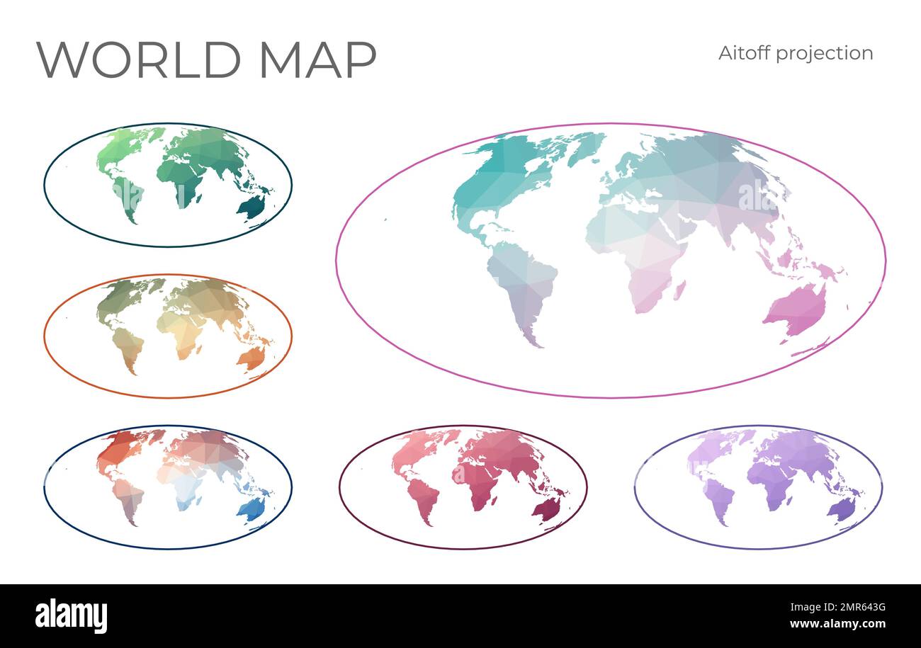 Low Poly World Map Set Aitoff Projection Collection Of The World Maps In Geometric Style
