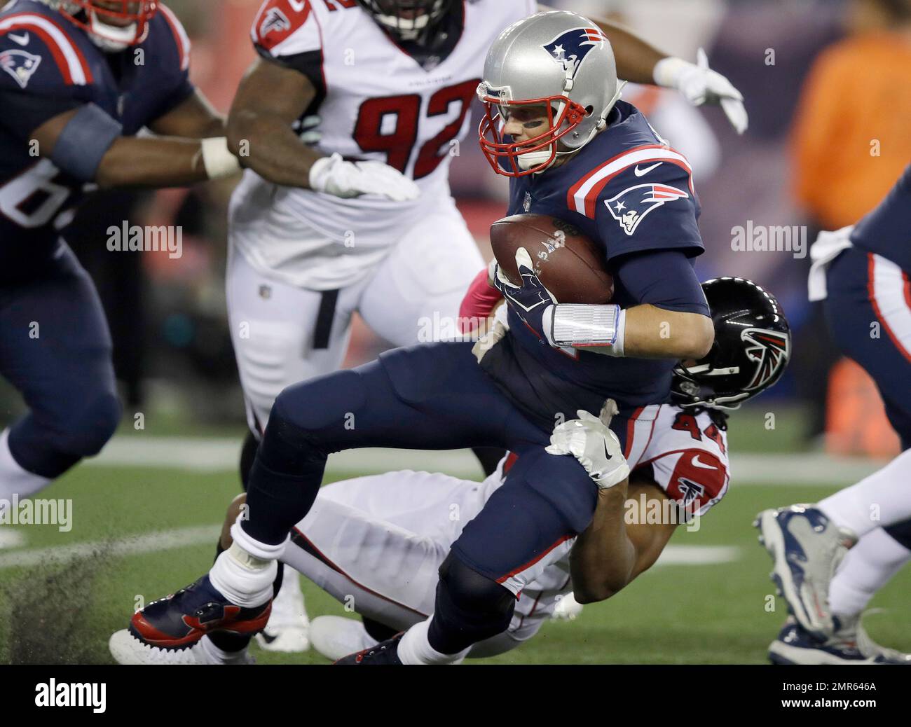 Atlanta Falcons linebacker Vic Beasley, right, sacks New England ...
