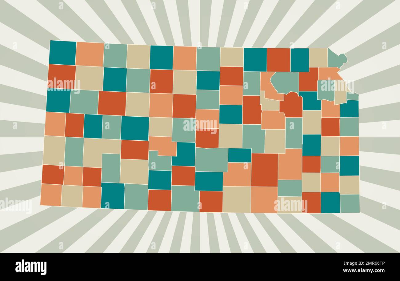 Kansas map. Poster with map of the US state in retro color palette ...