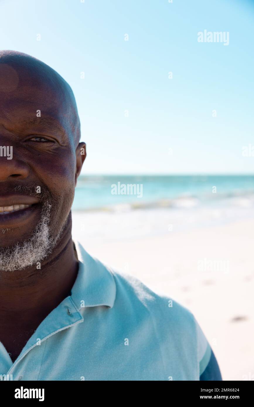 Cropped image of bald african american senior man smiling against ...