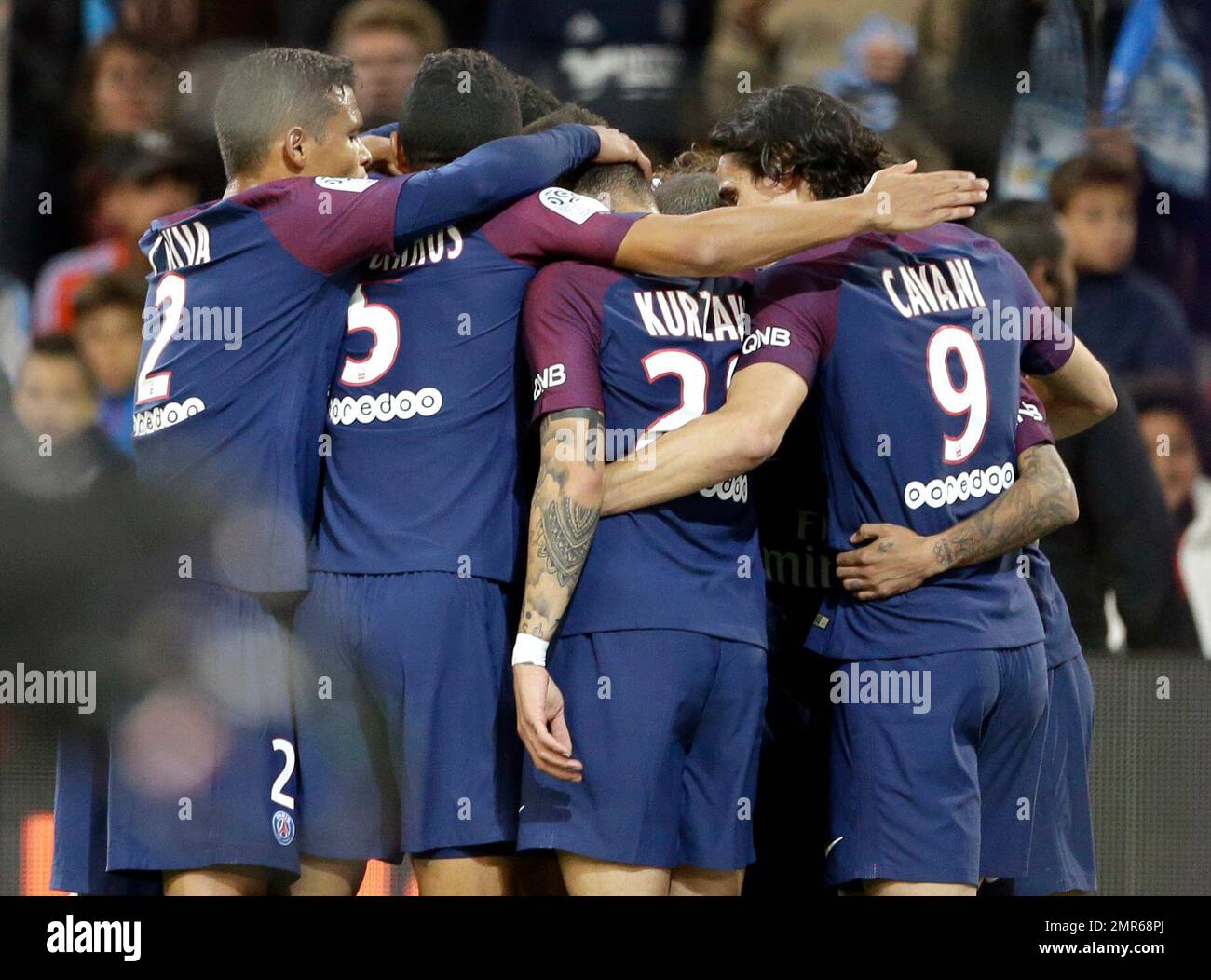 PSG players celebrate after PSG's Neymar scored, during the League One ...