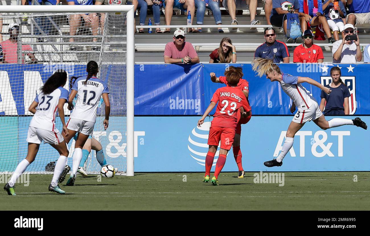 United States' Samantha Mewis (3) shoots and scores past South Korea's ...
