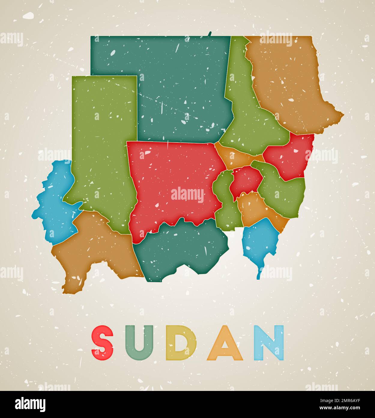Sudan map. Country poster with colored regions. Old grunge texture ...