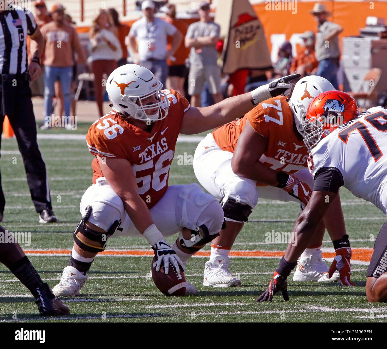 Texas center Zach Shackelford (56) calls out line assignments during ...