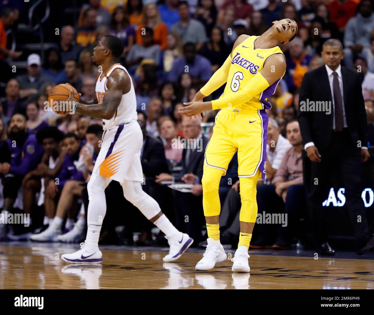 Los Angeles Lakers guard Jordan Clarkson (6) reacts after fouling ...