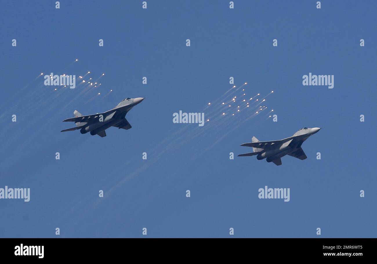 Serbian Army MiG-29 jet fighters perform during ceremony in Batajnica ...