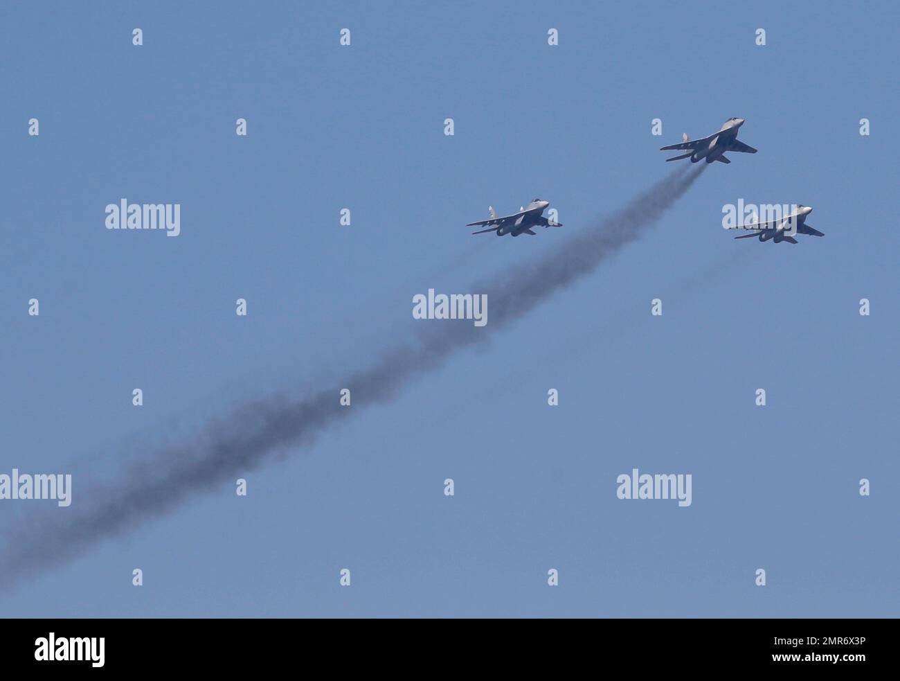 Serbian Army MiG-29 jet fighters perform during ceremony in Batajnica ...