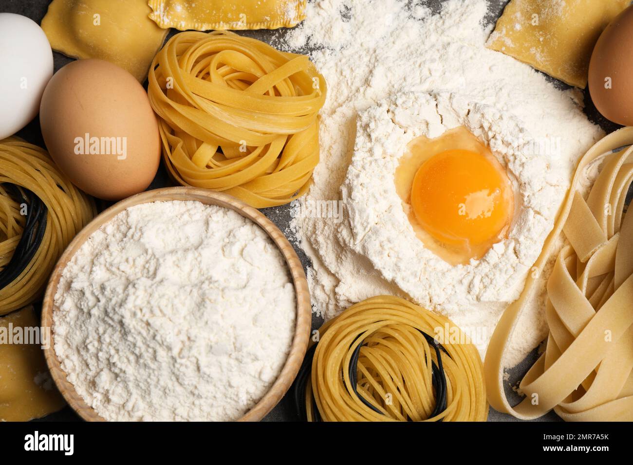 Different types of pasta and ingredients, top view Stock Photo - Alamy