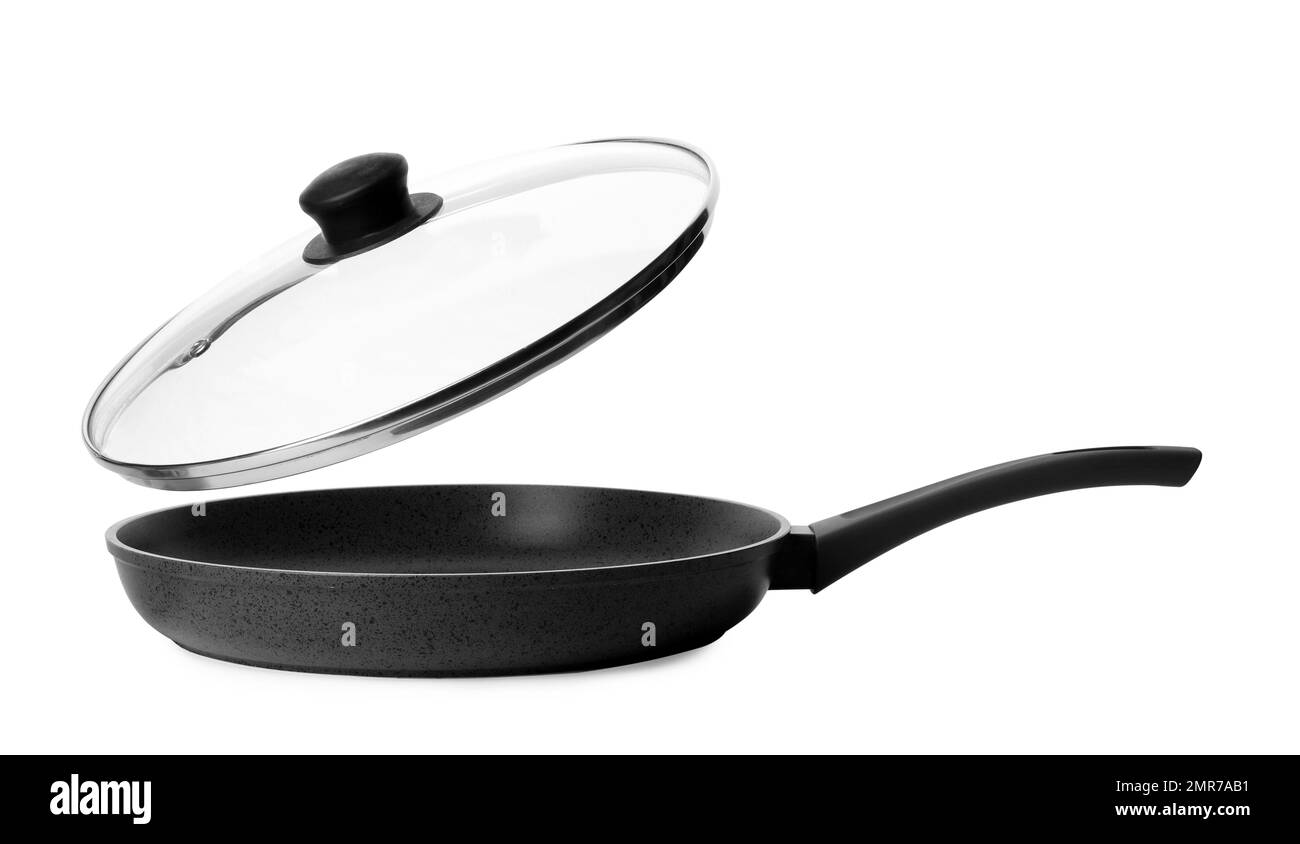 Empty modern frying pan with lid isolated on white Stock Photo - Alamy
