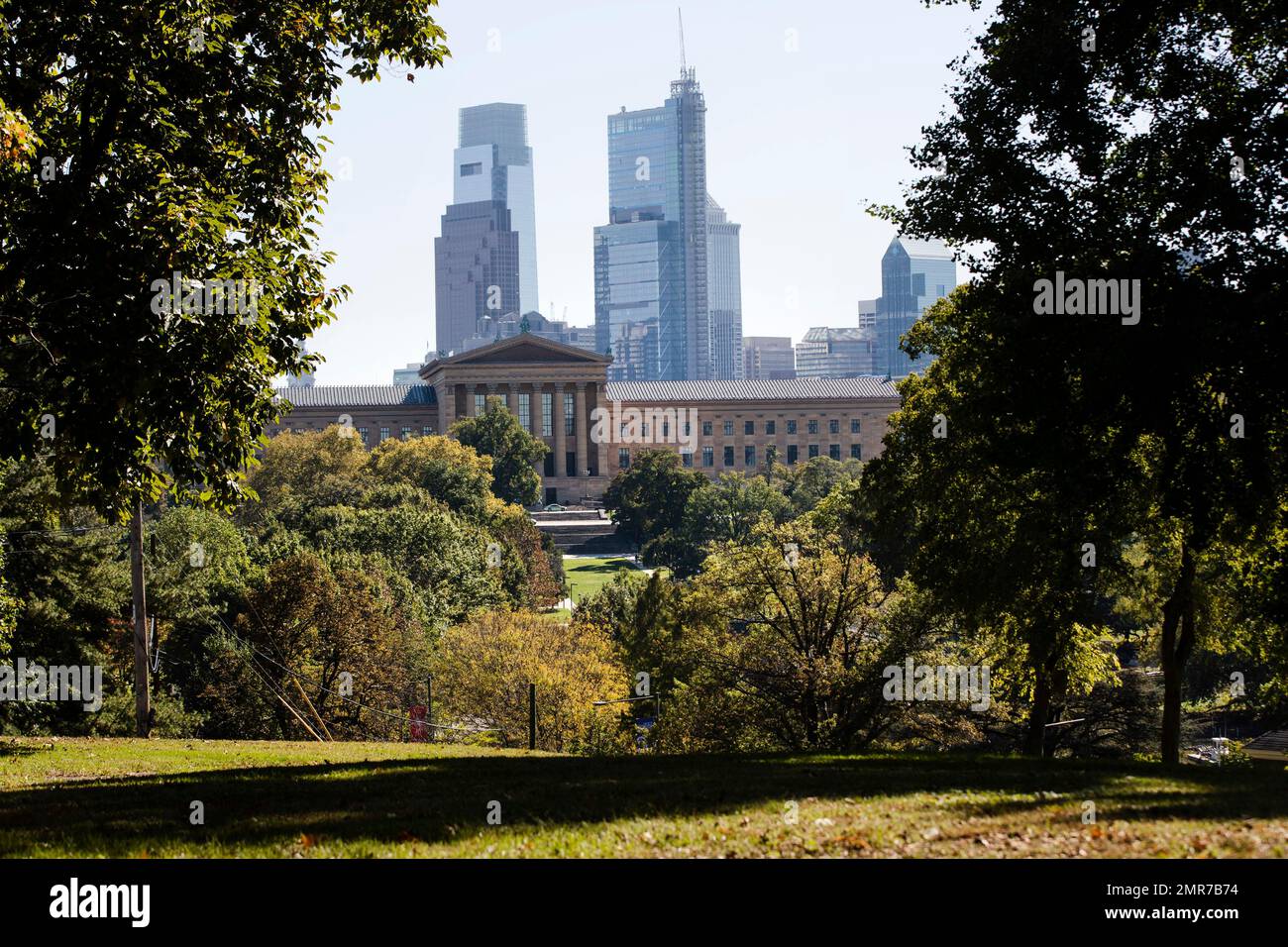 Two Comcast buildings, background, tower over the Philadelphia Museum ...