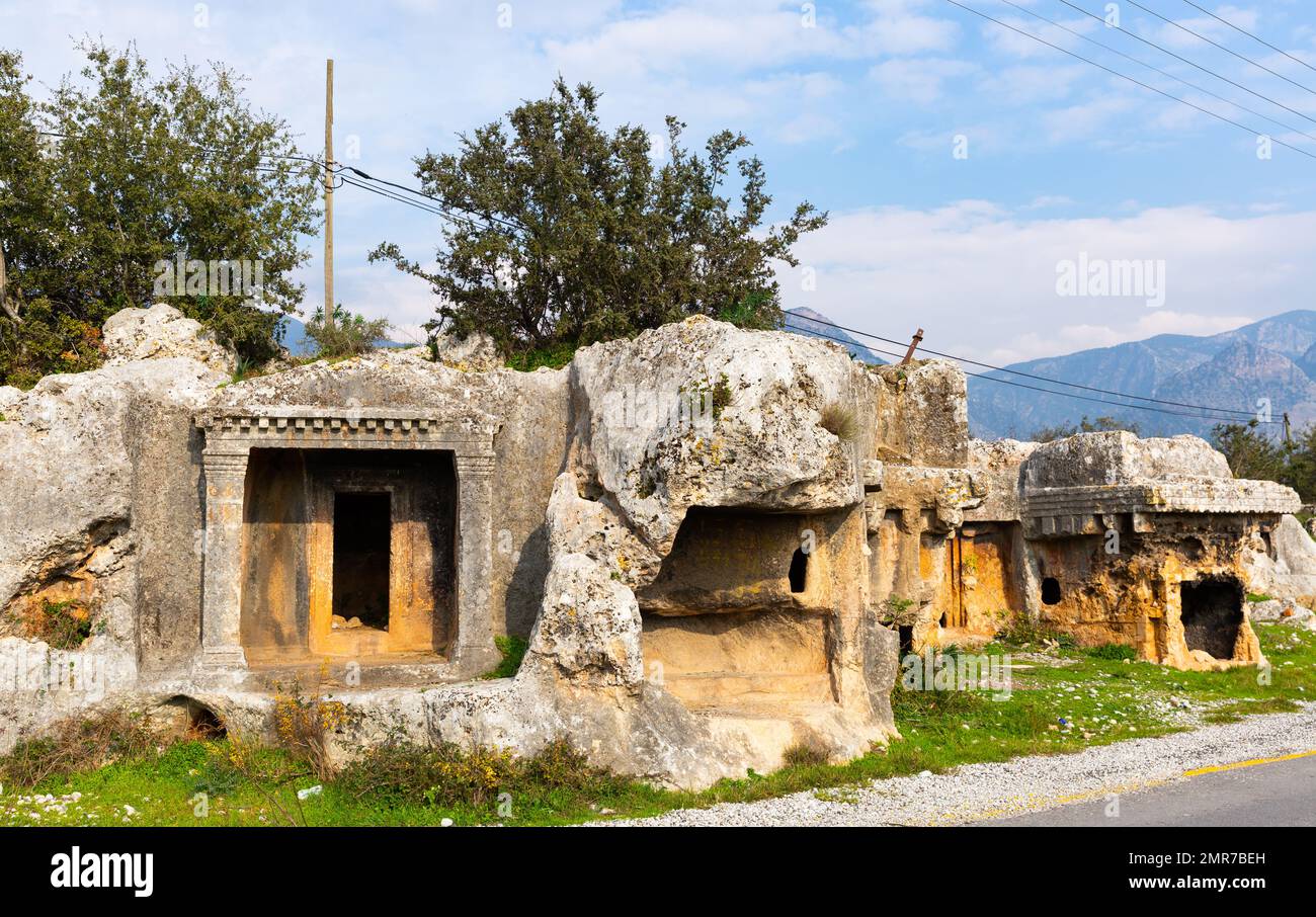 Rock burial chambers ruins in antique Lycian settlement of Araxa ...