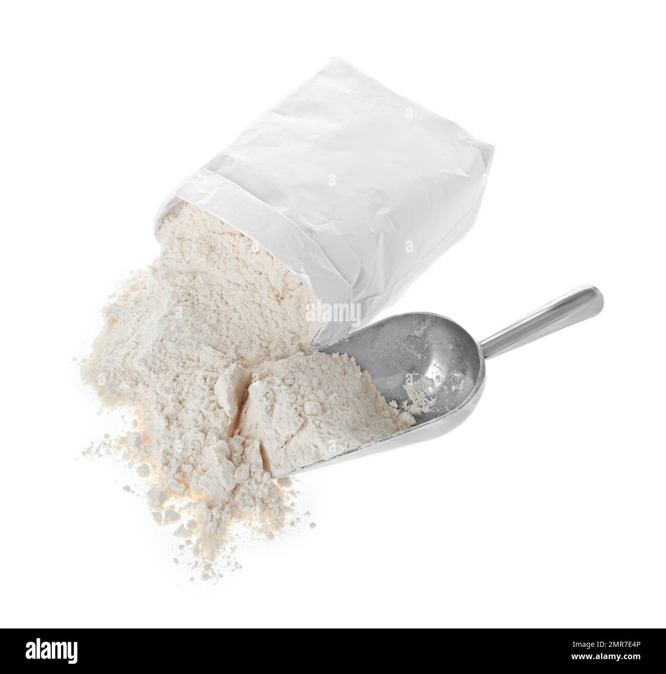 Overturned paper bag and scoop with flour isolated on white Stock Photo ...