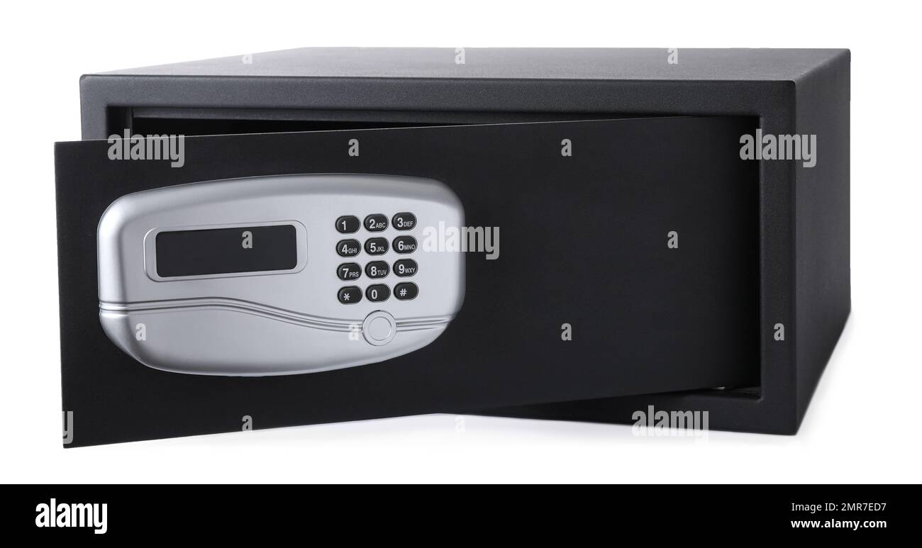 Open black steel safe with electronic lock isolated on white Stock ...