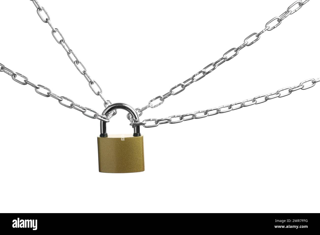 Steel padlock and chains isolated on white, top view. Safety concept ...