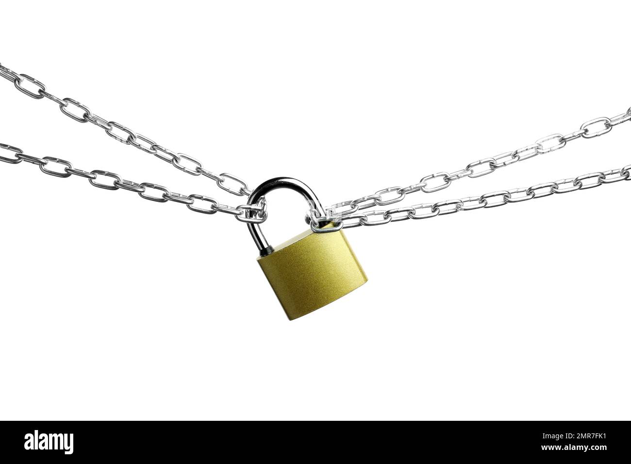 Steel padlock and chains isolated on white, top view. Safety concept ...