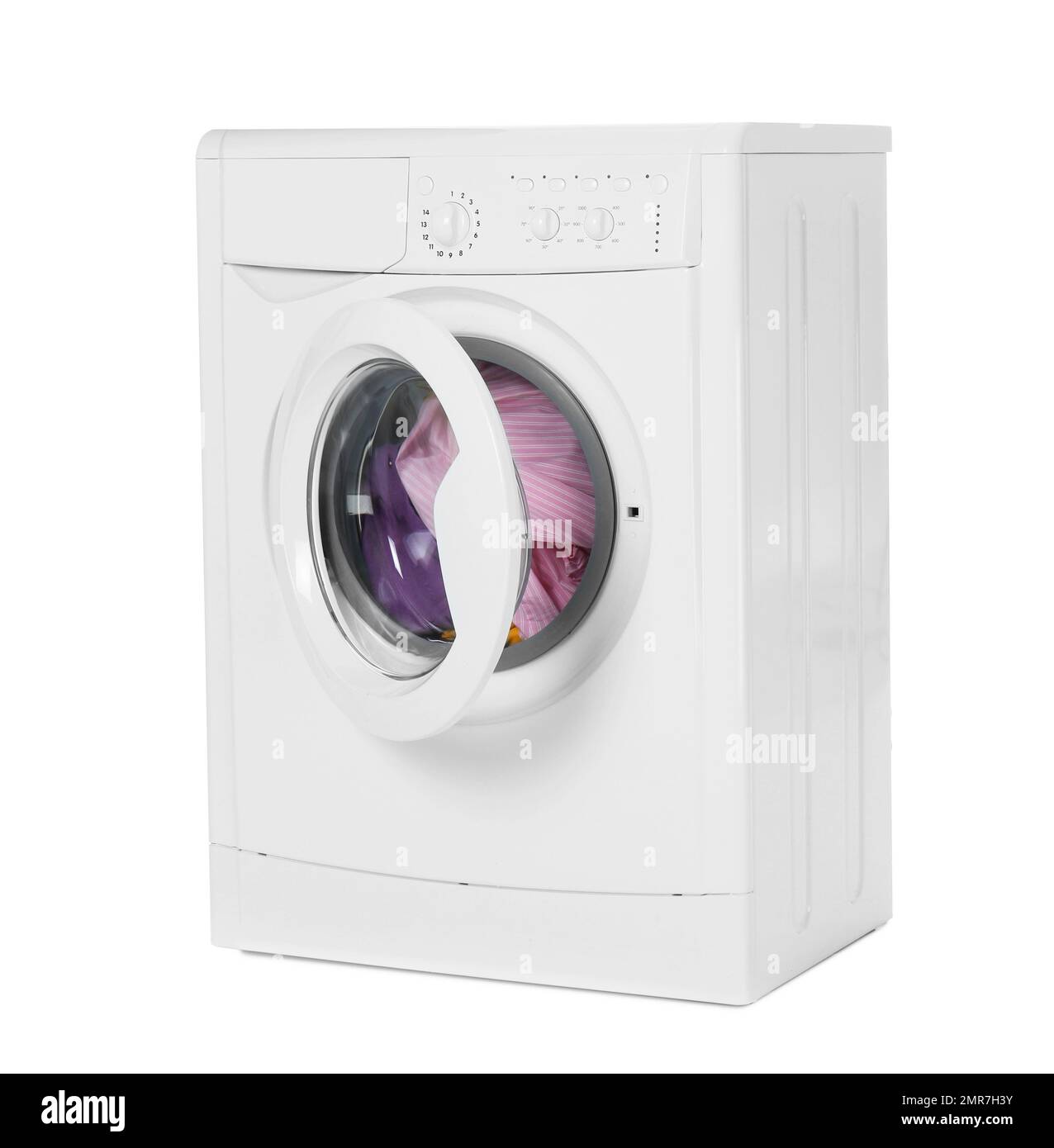 Modern washing machine with laundry isolated on white Stock Photo - Alamy