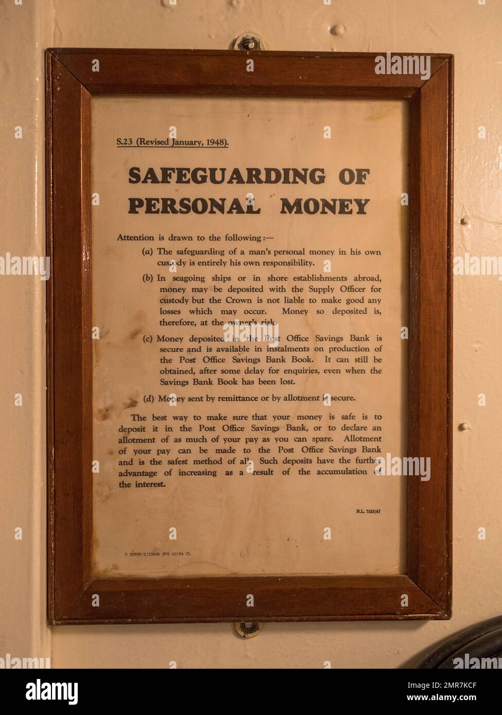 "Safeguarding of personal money" notice HMS Cavalier (D73/R73), a C ...