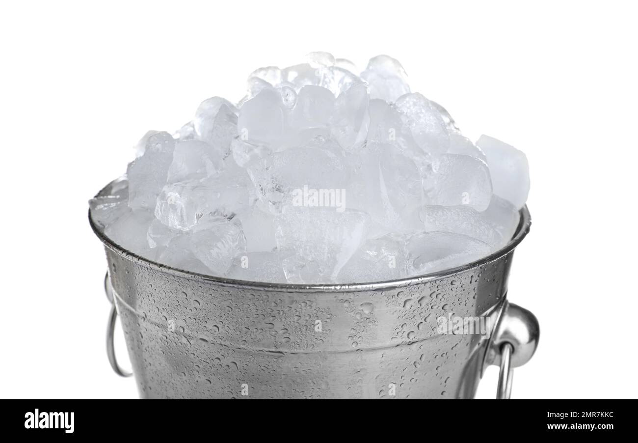 Metal bucket with ice cubes isolated on white Stock Photo - Alamy