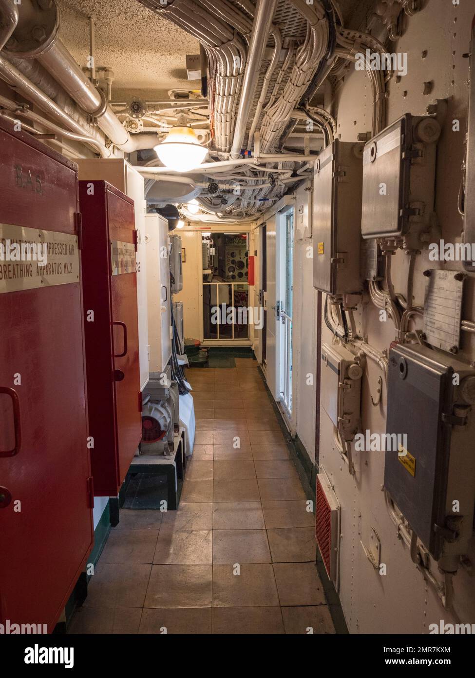 Corridor inside HMS Cavalier (D73/R73), a C-class destroyer on display ...