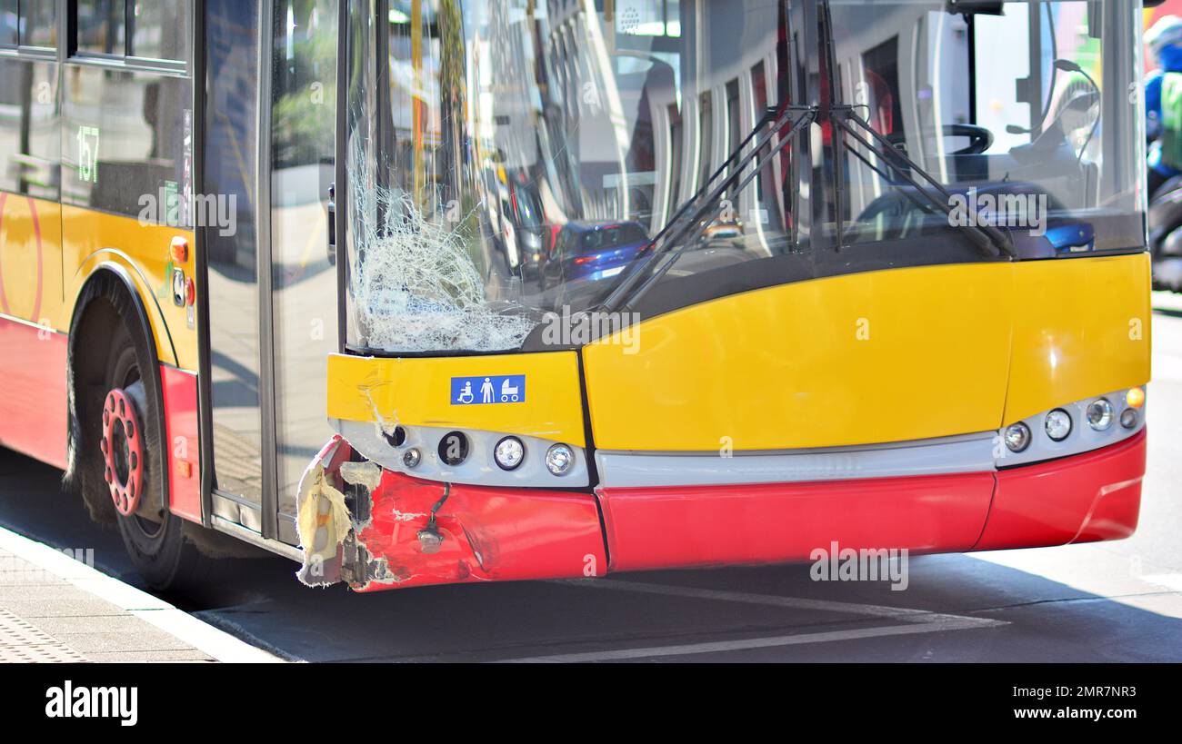 Road accident. Broken in an accident the city bus Stock Photo - Alamy