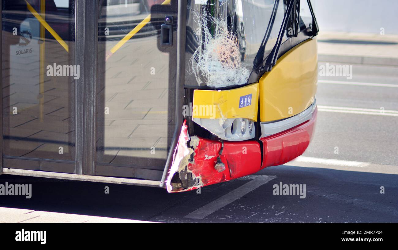 Road accident. Broken in an accident the city bus Stock Photo - Alamy