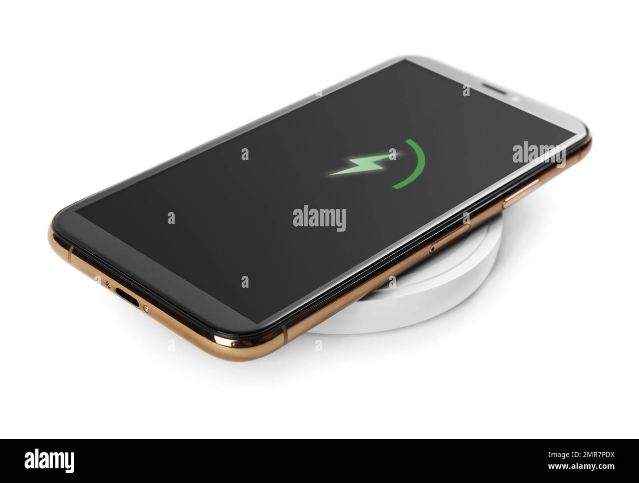 Mobile phone charging with wireless pad isolated on white Stock Photo ...