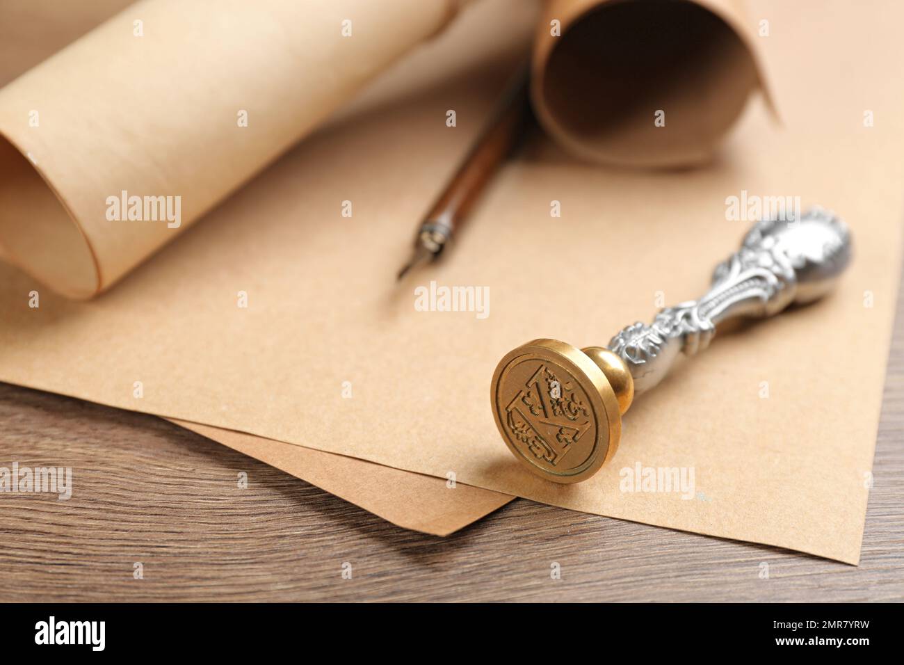 Notary's public pen and documents on wooden table, closeup Stock Photo ...