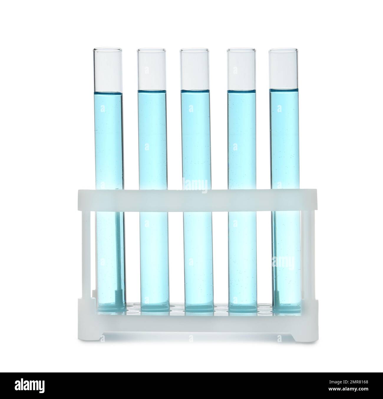 Test tubes with light blue liquid in rack isolated on white Stock Photo ...