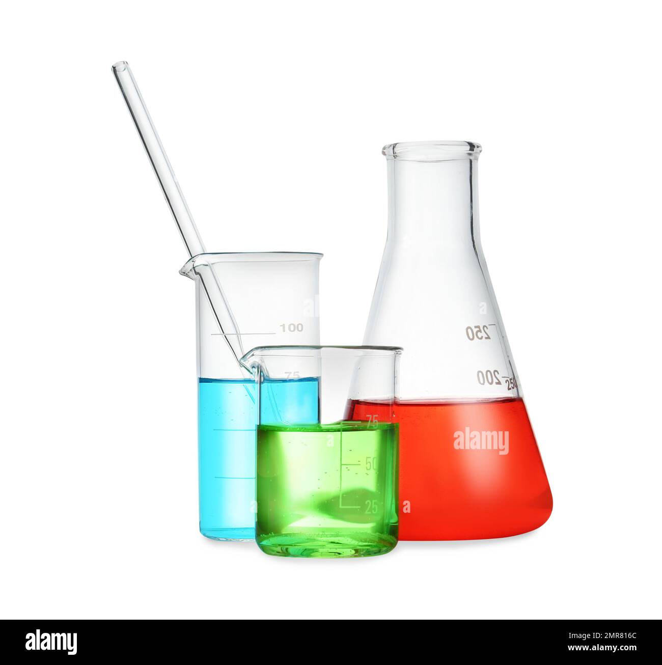 Different laboratory glassware with color liquid isolated on white ...