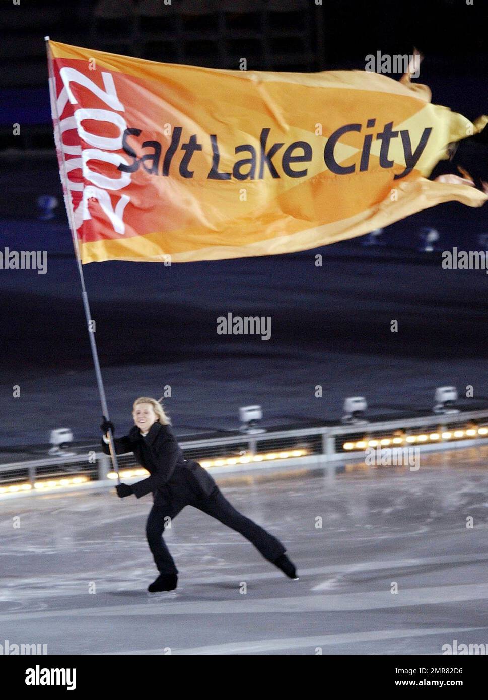 FILE- In this Feb. 8, 2002, file photo, the Salt Lake City Olympic flag ...