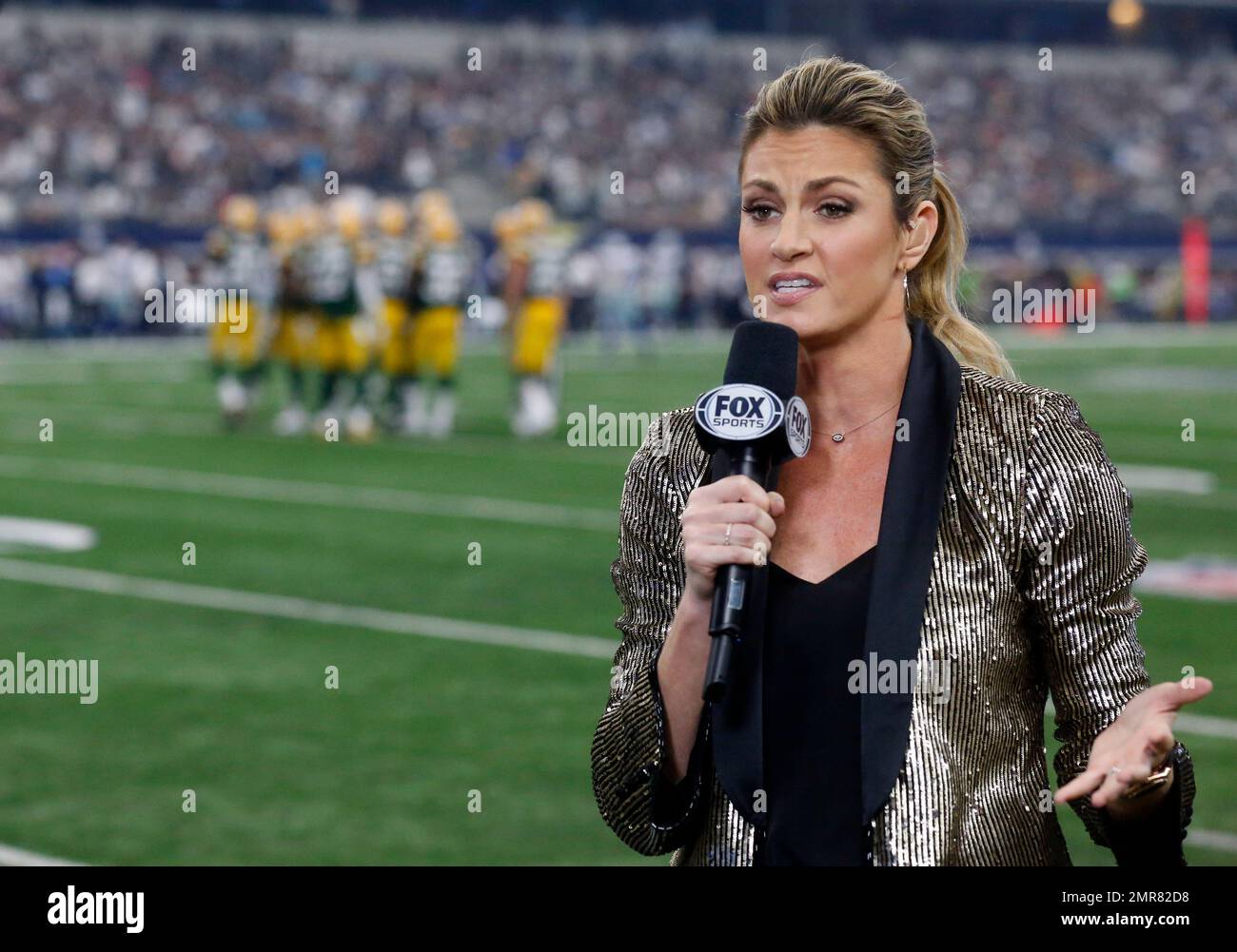 Fox field reporter Erin Andrews reports from the sideline during a ...