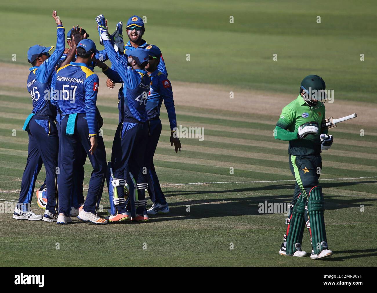 Sri Lanka's bowler Lahiru Gamage and his teammates celebrate the ...