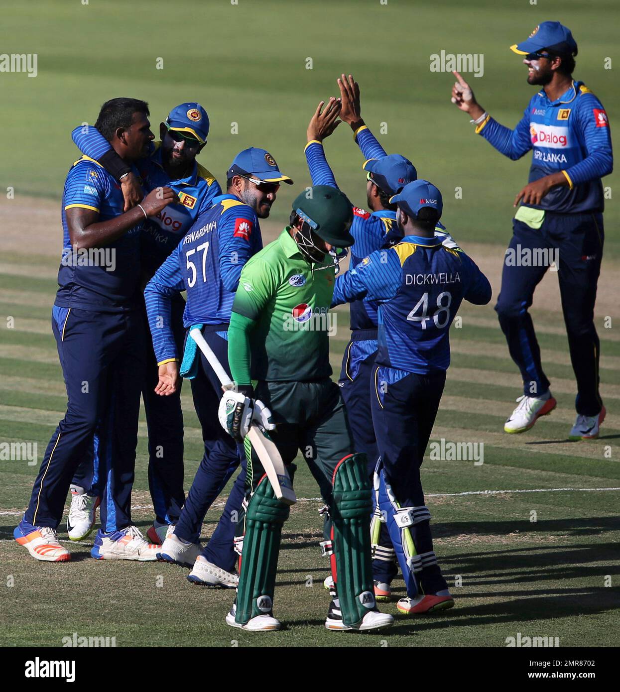 Sri Lanka's bowler Lahiru Gamage and his teammates celebrate the ...