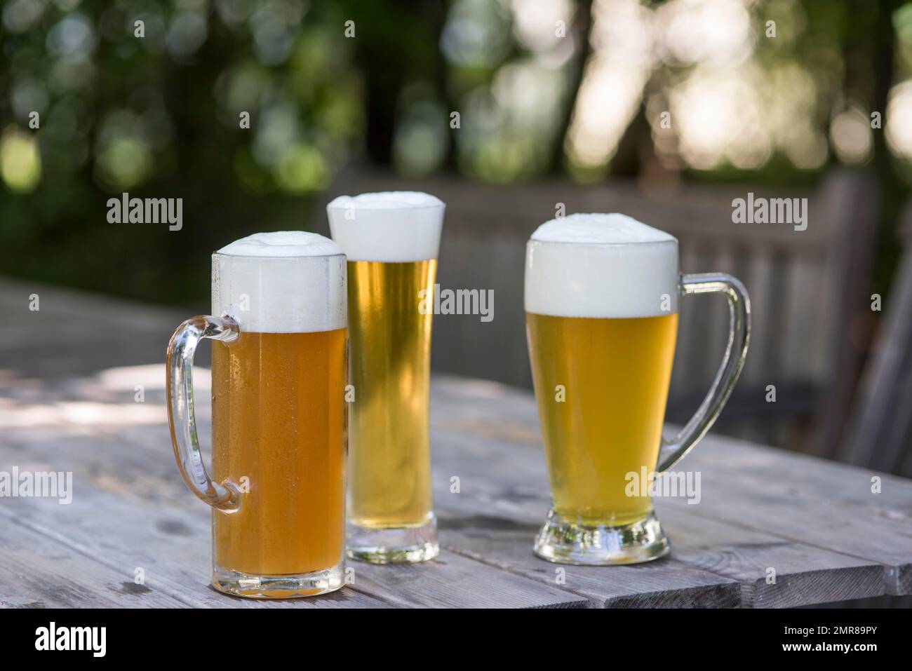 Three different beers in different beer glasses, beer garden, Upper ...