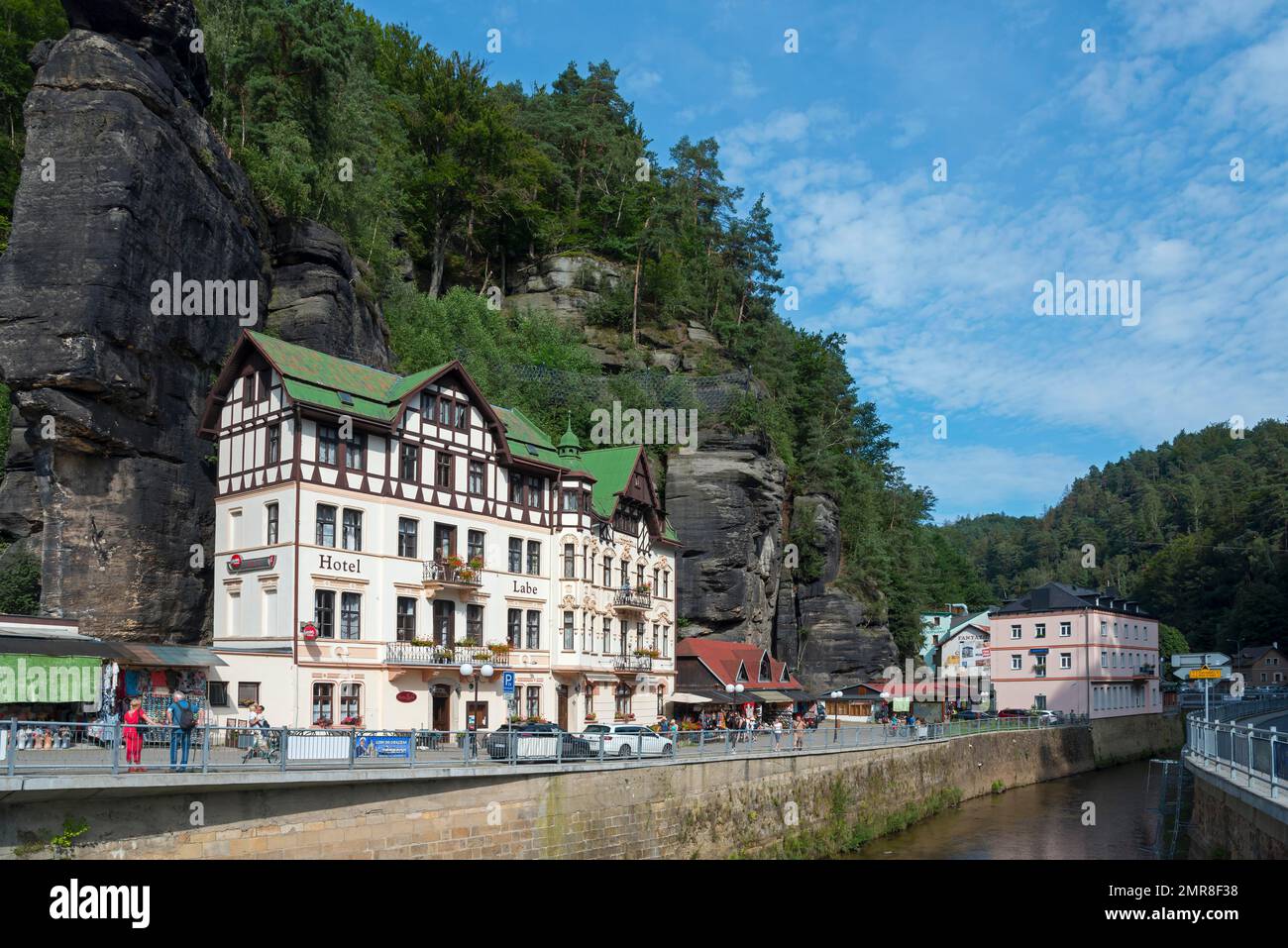 Hotel Labe and houses in Hrensko, Herrnskretschen, River Kamenice ...