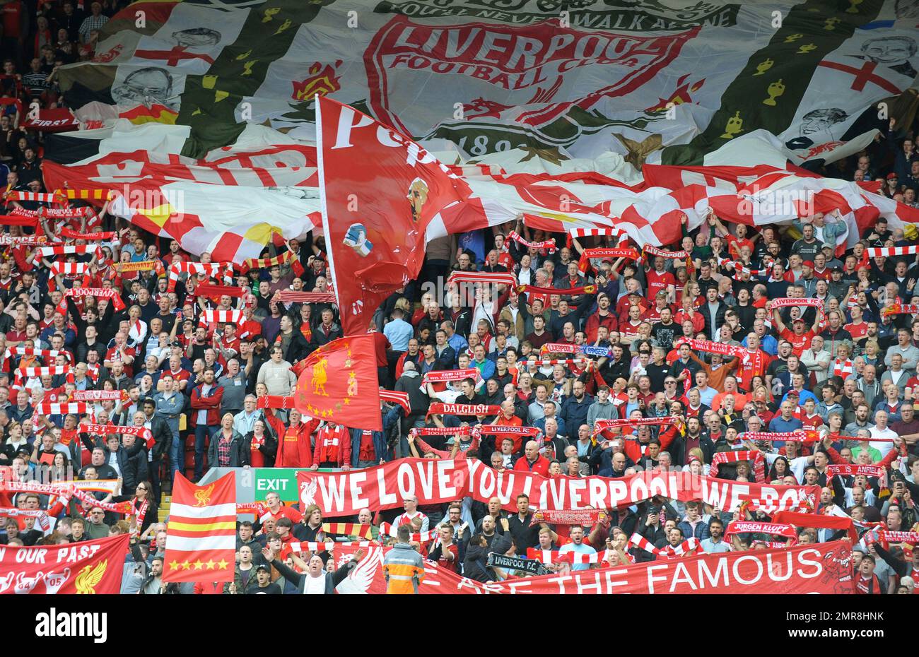 Fans of Liverpool celebrate prior to the English Premier League soccer ...