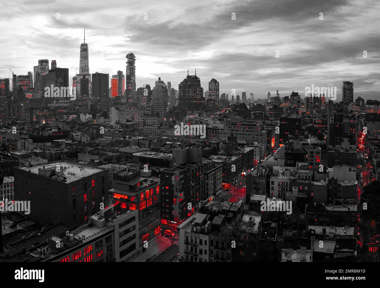 Black and white New York City skyline buildings at night with glowing ...