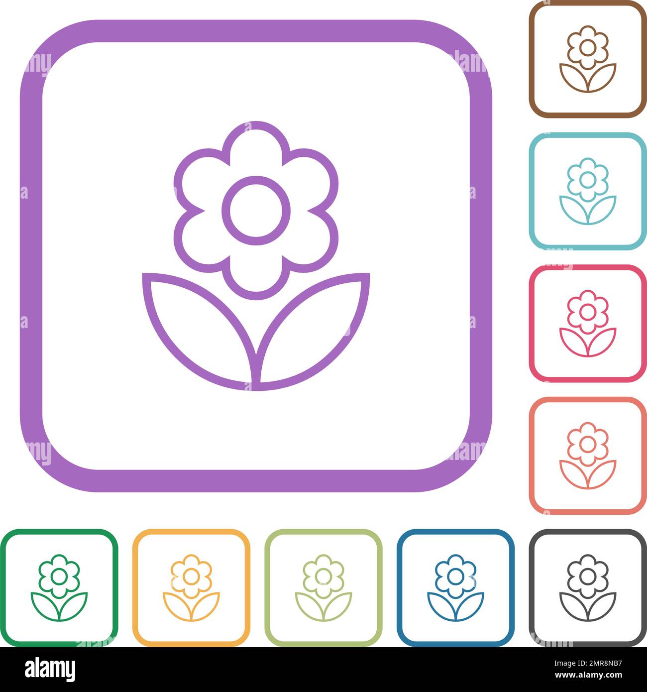 Single flower outline simple icons in color rounded square frames on ...