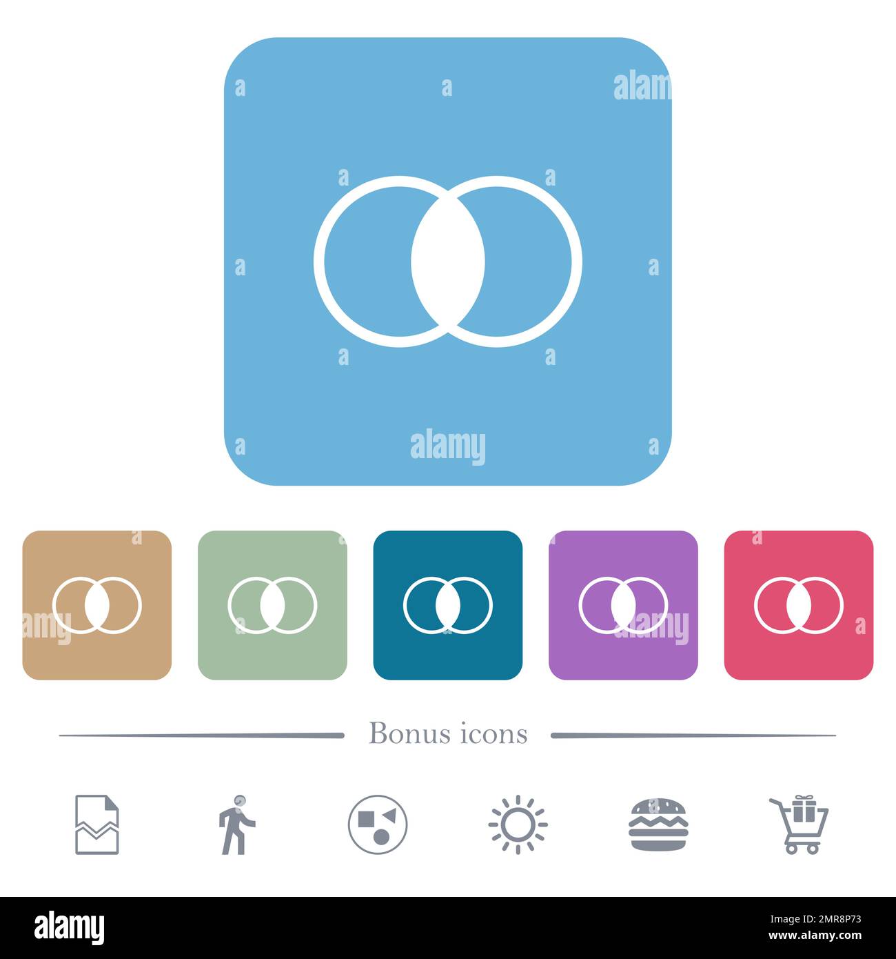 Overlapping elements white flat icons on color rounded square backgrounds. 6 bonus icons ...
