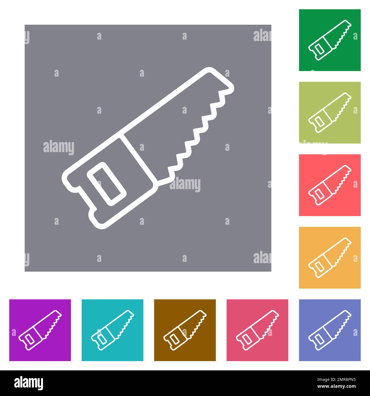 Hand saw outline flat icons on simple color square backgrounds Stock ...