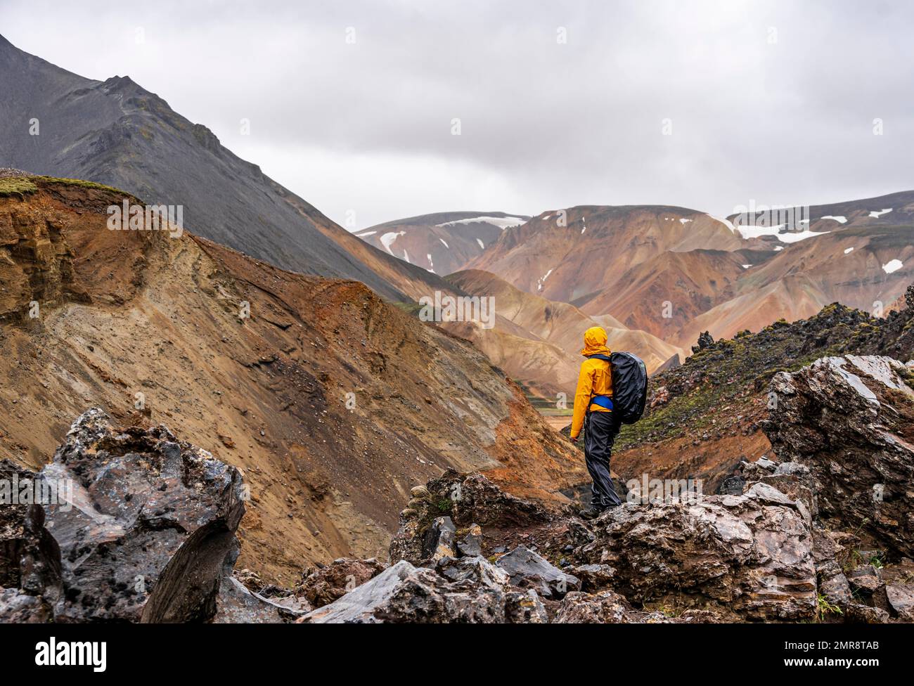 Hiker on the Laugavegur trekking trail, Laugavegur trekking trail ...
