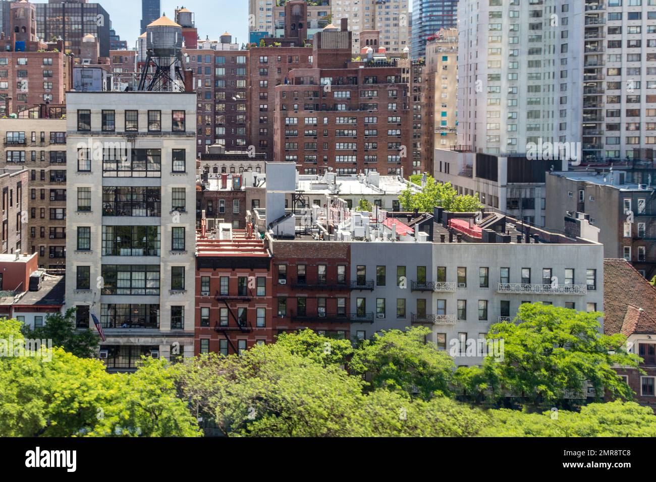 Overhead view of historic buildings crowded in Midtown Manhattan New ...