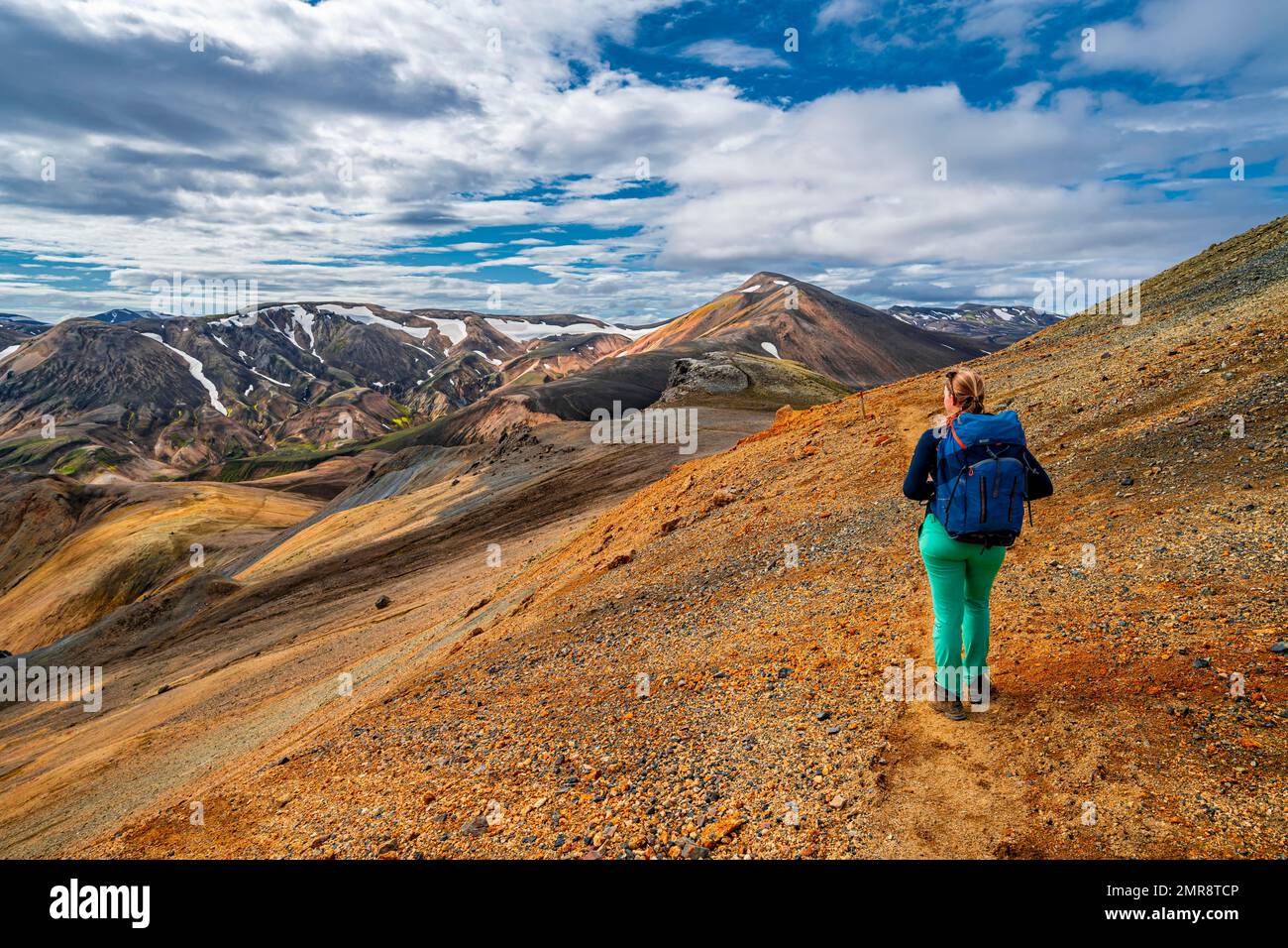 Hiker on the Laugavegur trekking trail, Laugavegur trekking trail ...