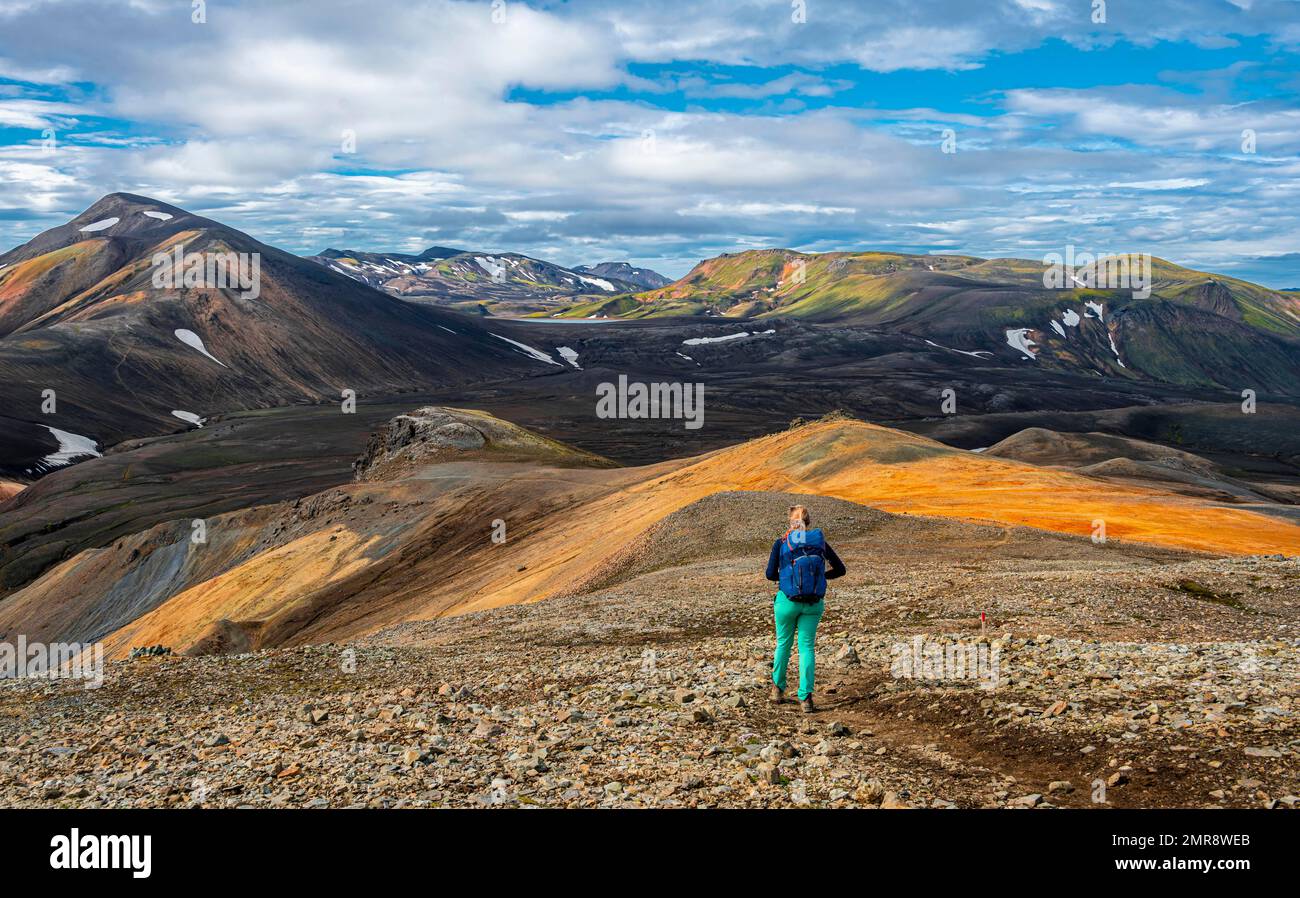 Hiker on the Laugavegur trekking trail, Laugavegur trekking trail ...