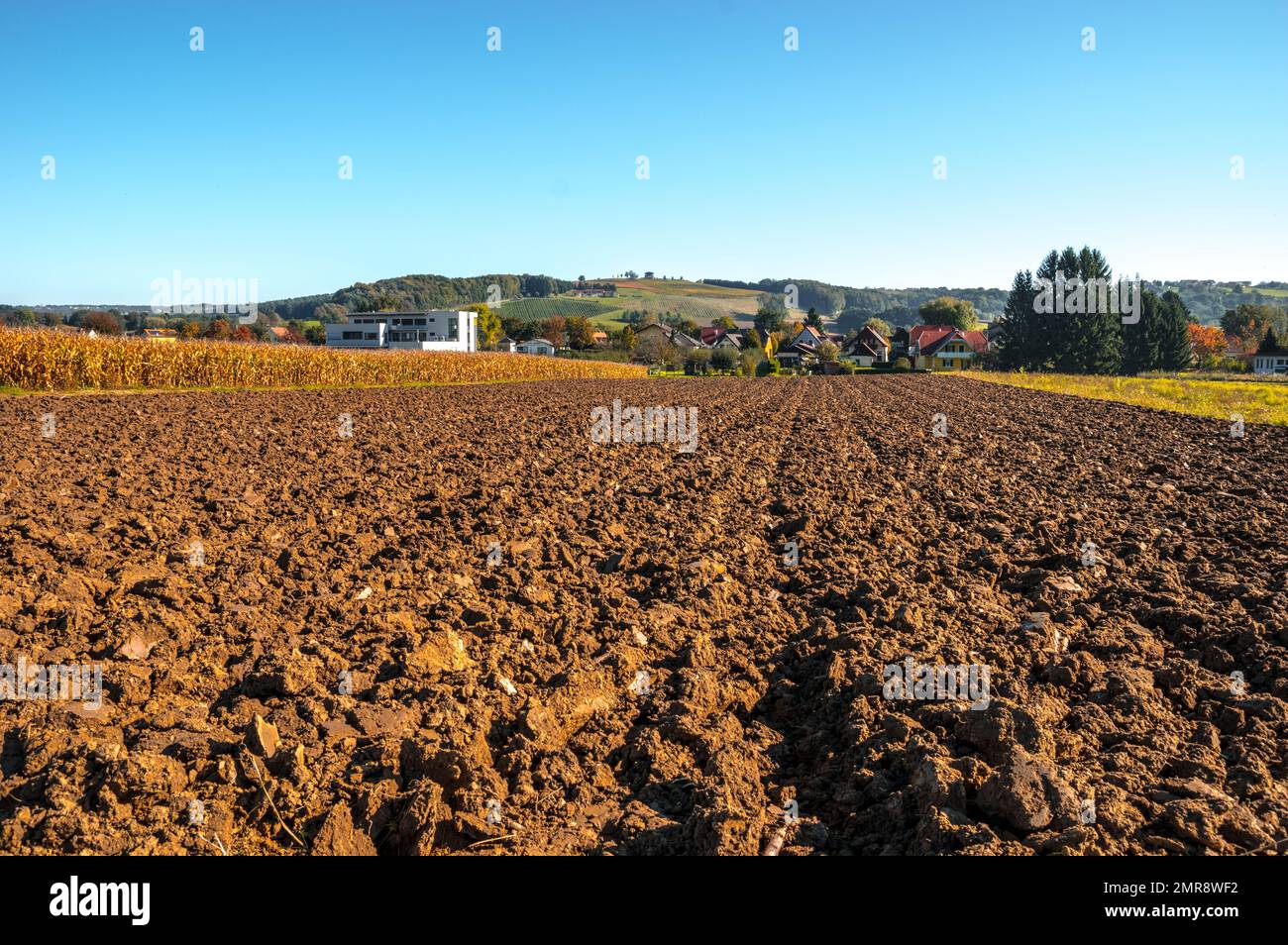 A scenic shot of soil ready for planting under the sun with the rural ...