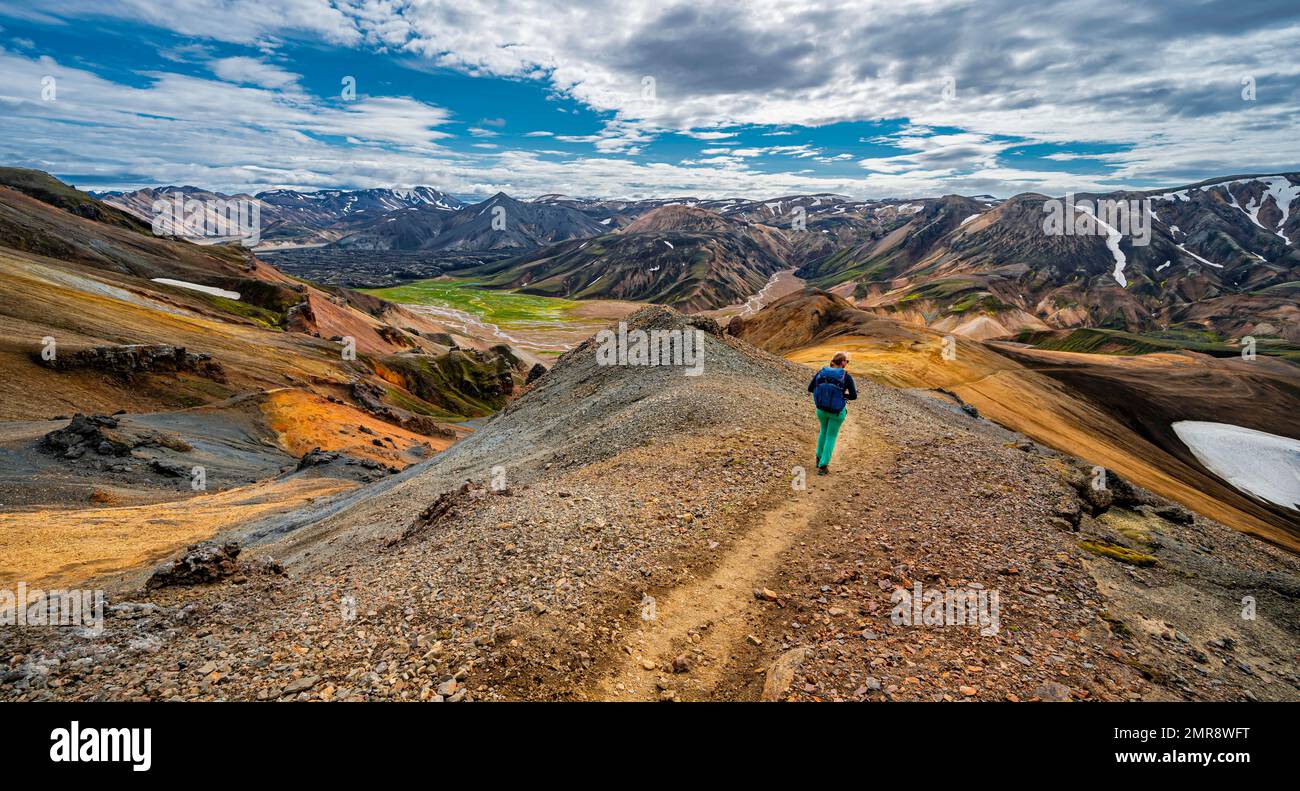 Hiker on the Laugavegur trekking trail, Laugavegur trekking trail ...